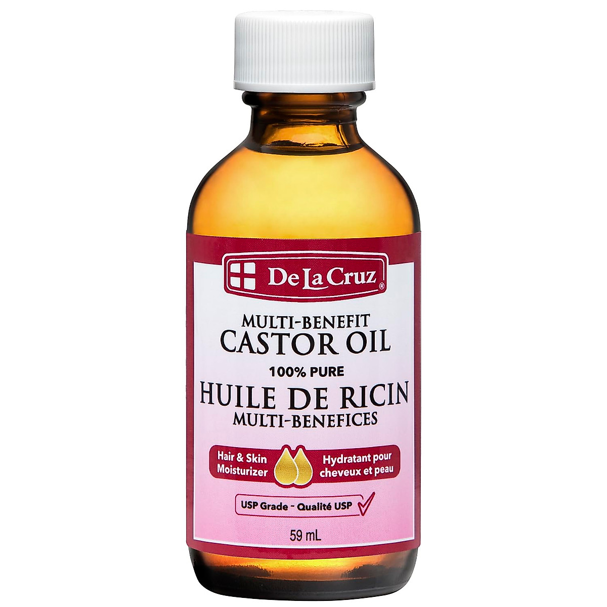 De La Cruz Castor Oil - 100% Pure Castor Oil for Hair, Skin, Eyelashes, and Eyebrows - USP Grade, 2 FL Oz