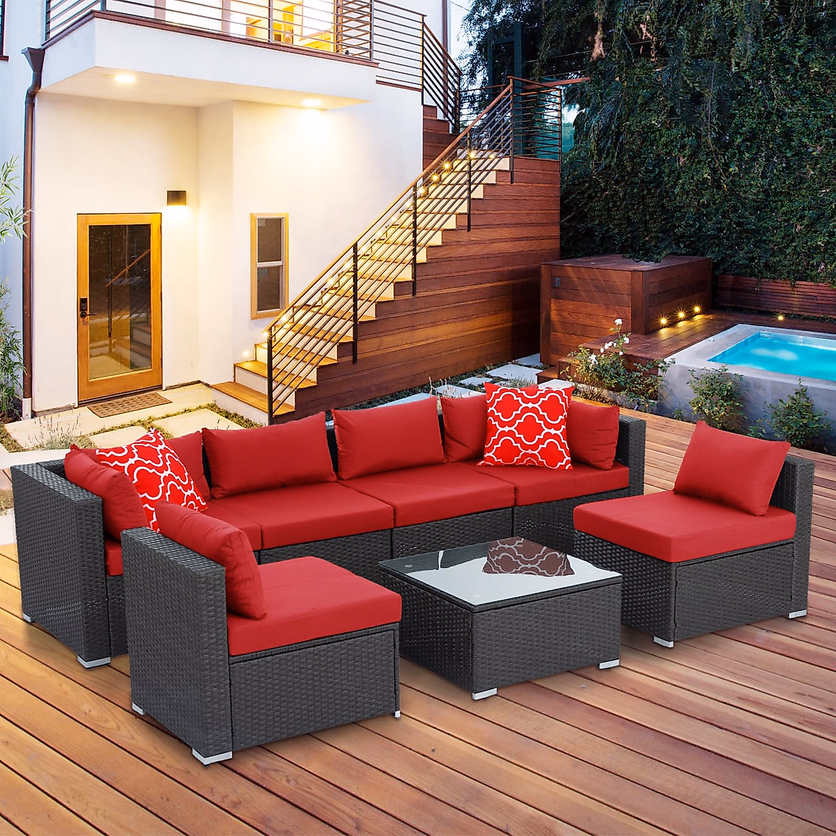 YIORTWO 7 Pieces Patio Furniture Set Conversation Furniture Sets, Outdoor Wicker Patio Sectional Furniture with Waterproof Cushions and Coffee Table for Backyard Lawn Garden Porch Poolside, Red