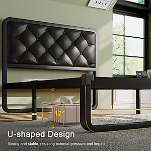Einhomn Metal Twin Bed Frame with Button Tufted Upholstered Headboard, Curved Platform Bed Frame with 12 Inch Under Bed Space, Strong Heavy Duty Slats, No Box Spring Needed, Noise-Free, Black