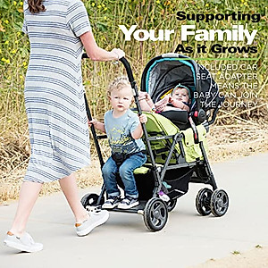 Joovy Caboose Sit and Stand Double Stroller with Rear Bench and Standing Platform, 3-Way Reclining Seats, Optional Rear Seat, and Universal Car Seat Adapter (Red)