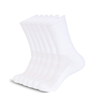 1SOCK2SOCK 6 Pack Performance Cotton Cushion Crew Athletic Sport Socks Moisture Wicking Arch Support Band White