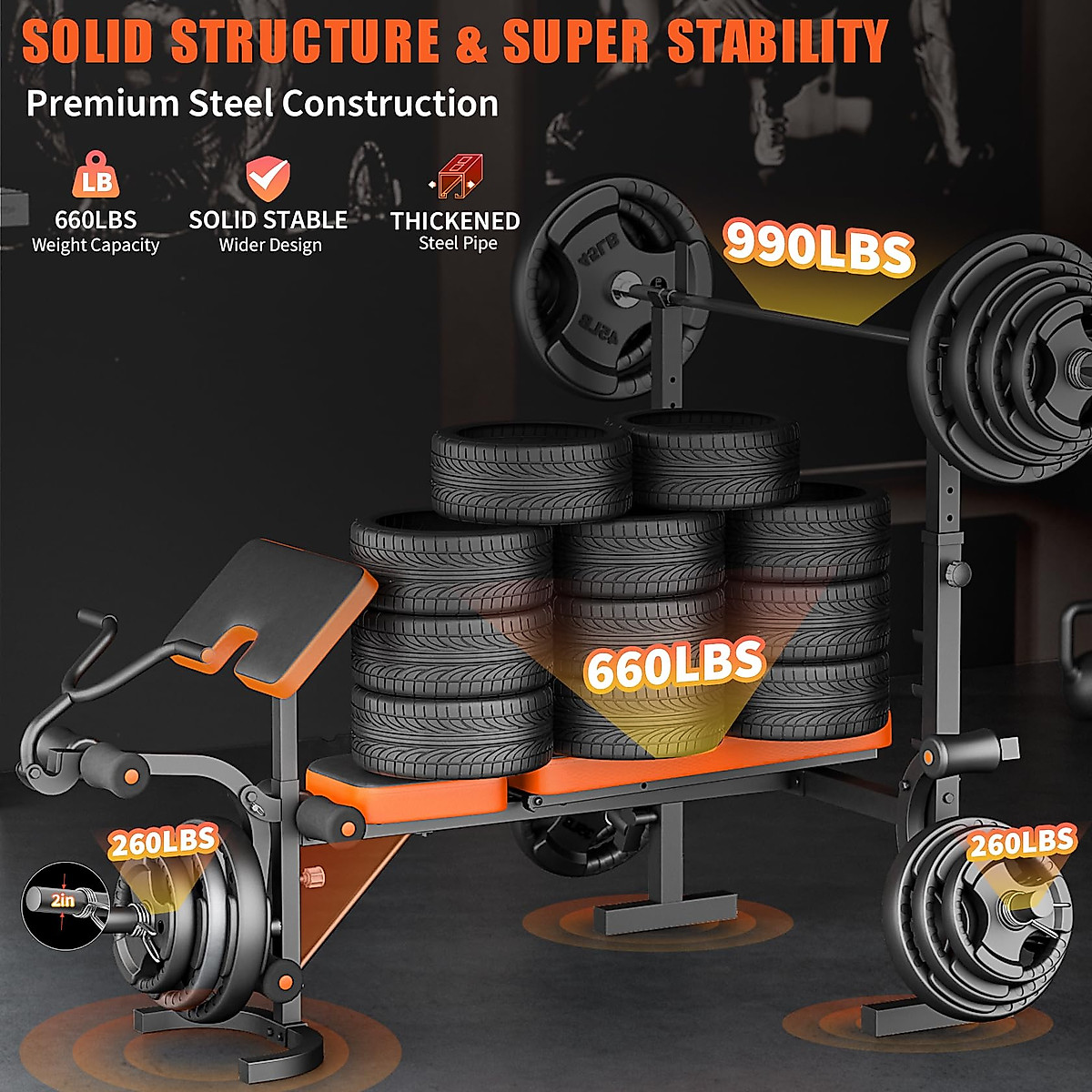 Fostoy Adjustable Weight Bench, Bench Press Rack with Squat Rack, Olympic Weight Benches for Home Gym, 6 in 1Workout Bench with Leg Developer&Preacher Curl, Flat Incline Bench for Full Body Strength