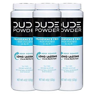 DUDE Body Powder - Fragrance Free 4 Ounce (3 Bottle Pack) Natural Deodorizers With Chamomile & Aloe, Talc Free Formula, Corn-Starch Based Daily Post-Shower Deodorizing Powder for Men