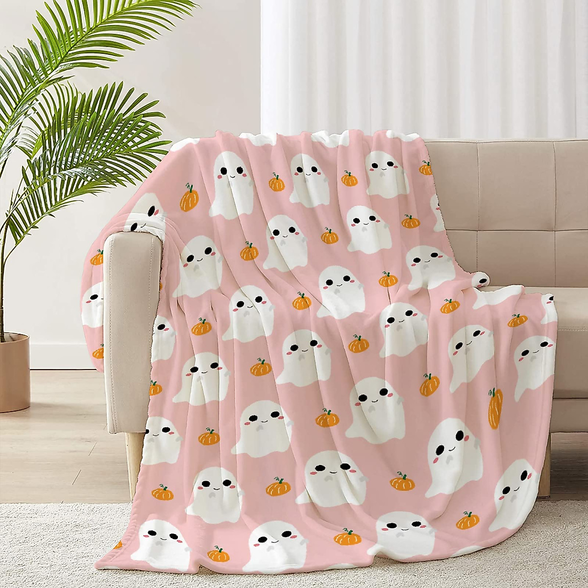 Cute Ghost Pumpkin Pink Blanket Halloween Lightweight Throw Blanket for Women Men Soft Cozy Fleece Couch Living Room Bed Blanket for Kids Girls Boys—All Season X-Small 40x30In (Toddler) PET