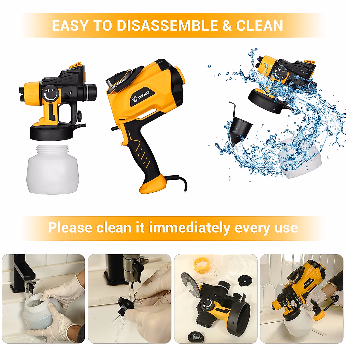 DEKOPRO Paint Sprayer, Powerful HVLP Electric Spray Gun with 1200ml Container, 3 Copper Nozzles & 3 Spray Patterns for Fence, Furniture, Walls, Cabinets, Car, Garden