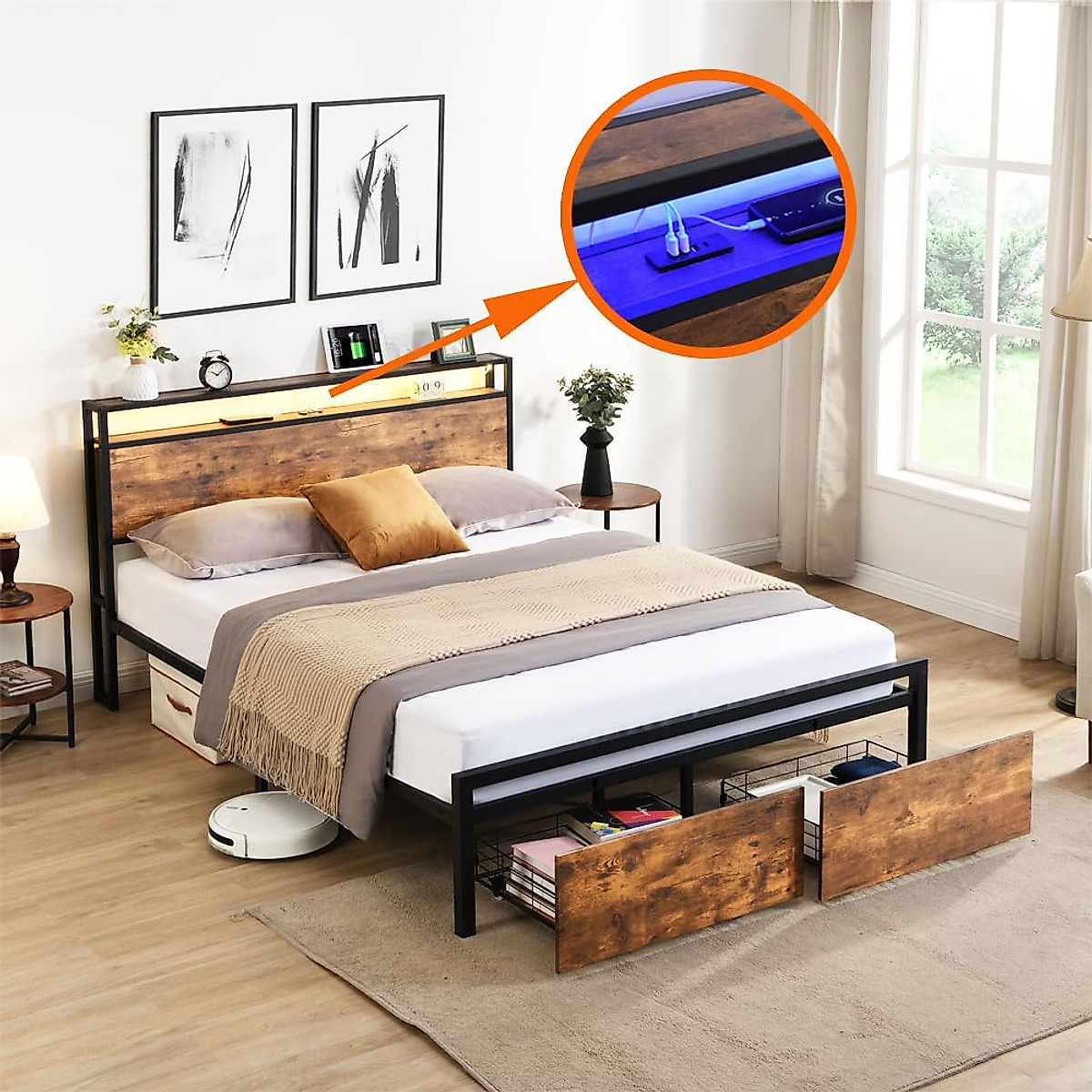 Anwick Queen Bed Frame with Storage Headboard and 2 Drawers, LED Lights Bed with Charging Station, Metal Platform, Non-Slip Without Noise, Metal Slats Support, No Box Spring Needed (Brown, Queen)