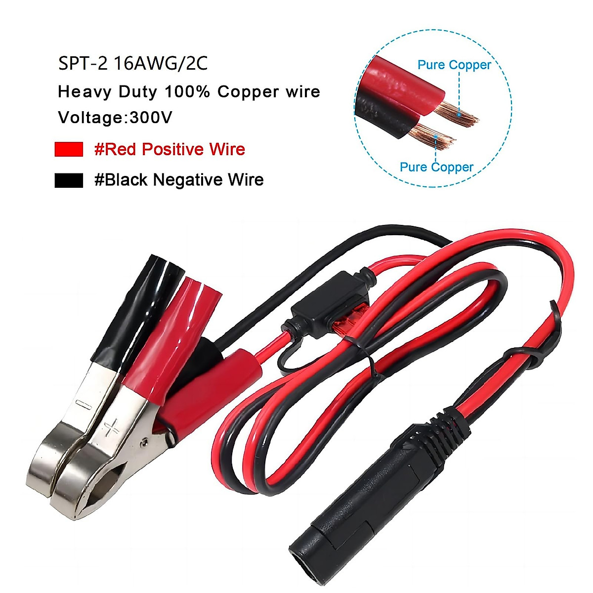 SAE to Battery Alligator Clip - KUNCAN 1.5FT 12V SAE 2Pin Quick Disconnect Cable SAE to Battery Clamp Cord 7.5A Fuse (1 Pack)