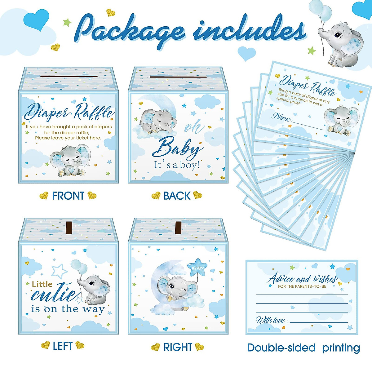 Teling 51 Pieces Diaper Raffle Tickets with Diaper Raffle Card Box Baby Shower Decorations Baby Shower Holder Box for Girl Boy Diaper Raffle Party(Blue Elephant)