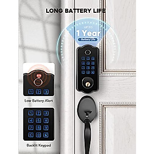 Front Door Lock Set, Keyless Entry Door Lock with Handle, APP Control Fingerprint Door Lock, 150 Codes Keyed Entry Smart Deadbolt, Auto Lock, Backlit