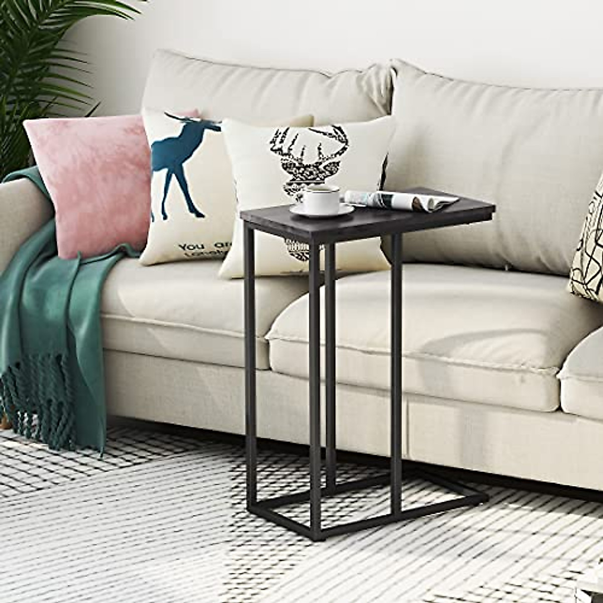 Yusong Small Narrow Side Table and C Shaped Side Table for Small Space, Slim Couch Side Table Skinny Nightstand for Living Room Bedroom, Grey