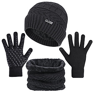 3-Pieces Winter Beanie Hats, Scarf and Touch Screen Gloves Set for Men and Women, Warm Knit Cap Set Black