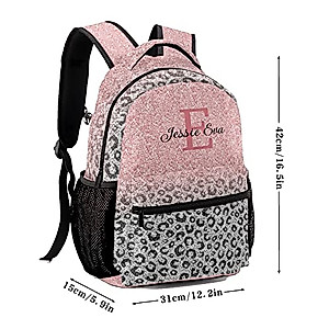 Custom Kid Backpack, Pink Glitter Printing Leopard Personalized School Bookbag with Your Own Name, Customization Casual Bookbags for Student Girls Boys
