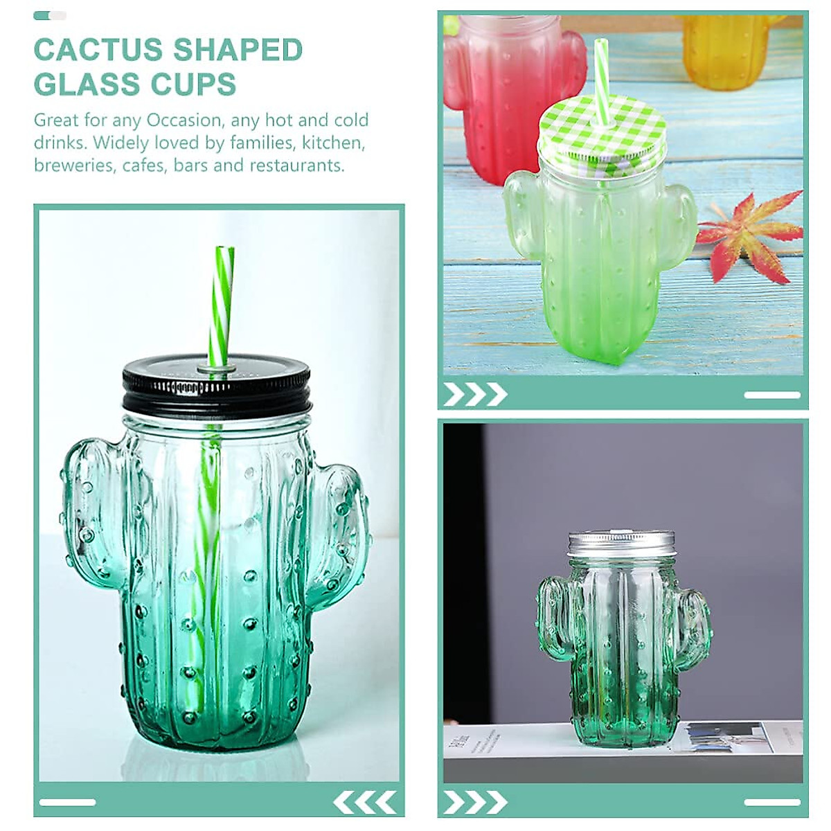 SEWACC 2 Sets Cactus Drinking Glasses Plant Shape Glass Straw Cup Creative Cute Shot Glasses Water Cups Iced Coffee Cup Wide Mouth Bubble Cups for Cocktail Beverage 400ML