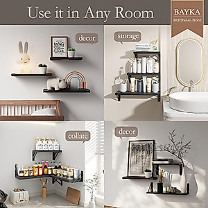 BAYKA Wall Shelves for Bedroom Decor, Floating Wall Shelves for Living Room Kitchen Storage, Wall Mounted Rustic Wood Floating Shelves for Kids Books, Small Shelf for Bathroom(Black，Set of 3)