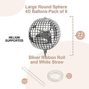 GOER Big Silver Disco Ball Balloons - Pack of 6, Disco Party Decorations | 4D Sphere Balloons for Bachelorette Party Decorations | New Year Eve Silver Party Decorations, Graduation Party Decorations