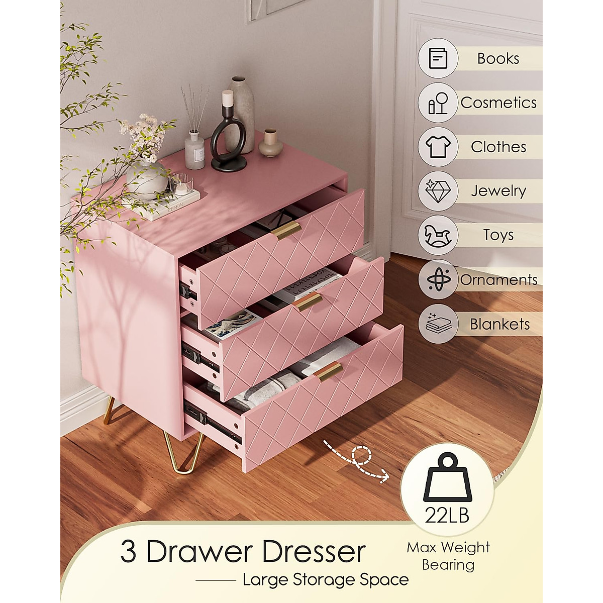 Aobafuir 3 Drawer Dresser for Bedroom, Modern Closet Dressers Chest of Drawers, Storage Dresser Chest Cabinet Organizer Unit, Small Fluted Dresser for Bedroom (Pink Diamond)