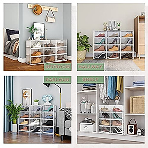 Side Open Shoe Boxes 12 PACK Clear Shoes Storage Containers Organizer Foldable Stackable,Plastic Shoe Storage Box Sneaker Cases for Closets Entryway Bedroom Garage,Fits Men's US Size 5.0-13