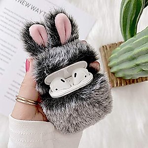 Guppy Compatible with AirPods Furry Bunny Case Girls 3D Cartoon Cute Rabbit Ears Plush Fluffy Warm Carrying Case Soft Protective Case Cover Accessories for AirPods 1 & 2 Gray