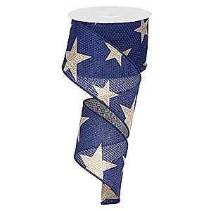 Star Wired Edge Ribbon (2.5", Beige Navy Blue) - 10 Yards : RG01269K6