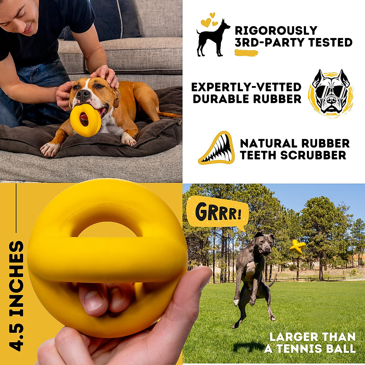 WoofBite Indestructible Ring Ball - Lifetime Replacement - for Aggressive Chewers, Medium Large Breed - Non-Toxic Natural Rubber Dog Toys - Butter Scent, Yellow (Highly Visible Color for Dogs) - 4.5”