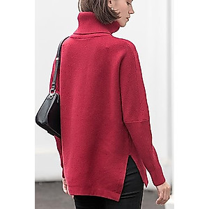 LANYO LILI Women Turtleneck Long Batwing Sleeve Spilt Hem Casual Oversized Pullover Sweater Knit Tops Burgundy