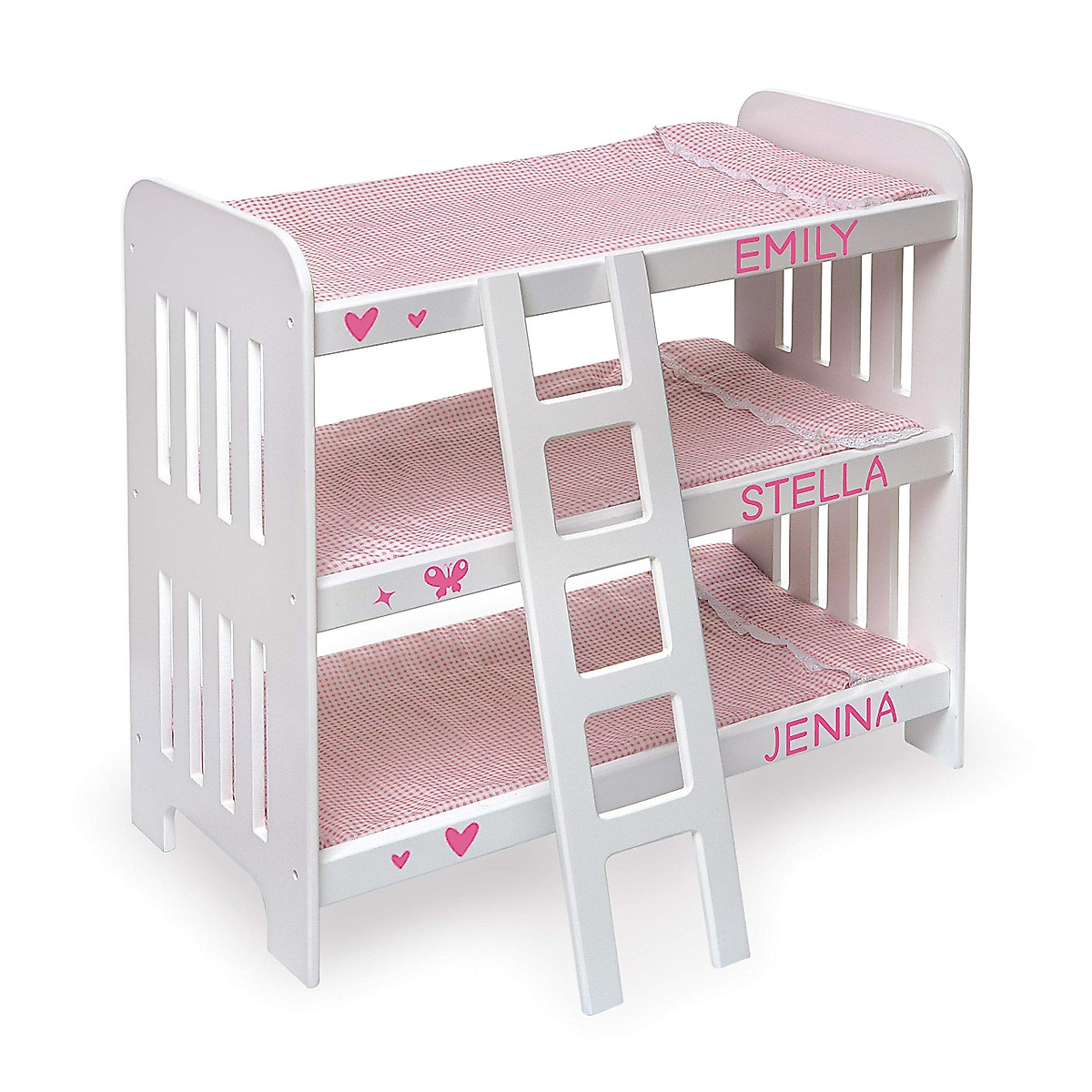 Badger Basket Triple Doll Bunk Bed with Ladder and Bedding for 20-Inch Dolls – Pink Gingham Design with Personalization Kit