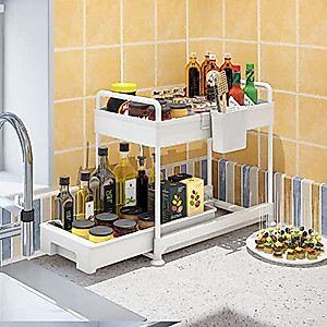2 Pack Under Sink Organizer- Stackable 2 Tier Bathroom Storage Organizers and Storage with Hanging Cup and Hooks, White Under Sink Shelf Rack for Bathroom Kitchen Countertop Office Cabinets,White