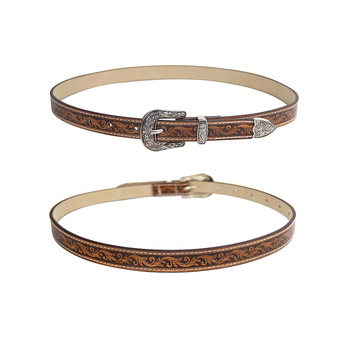 TOPACC Girls Western Belts for Women Brown Cowgirl Belt Cowboy Floral Embossed Thin Skinny Belt for Jeans Dresses Country Concert Outfit