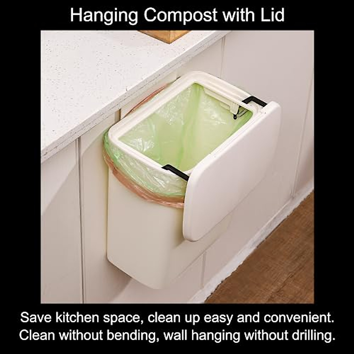 Hanging Kitchen Trash Can,2.4 Gallon Waste Bin with Lid for Kitchen,Small Plastic Compost Bin for Counter Top or Under Sink,Mountable Garbage Can for Bedroom,Bathroom, Cabinet,Car and Office,White