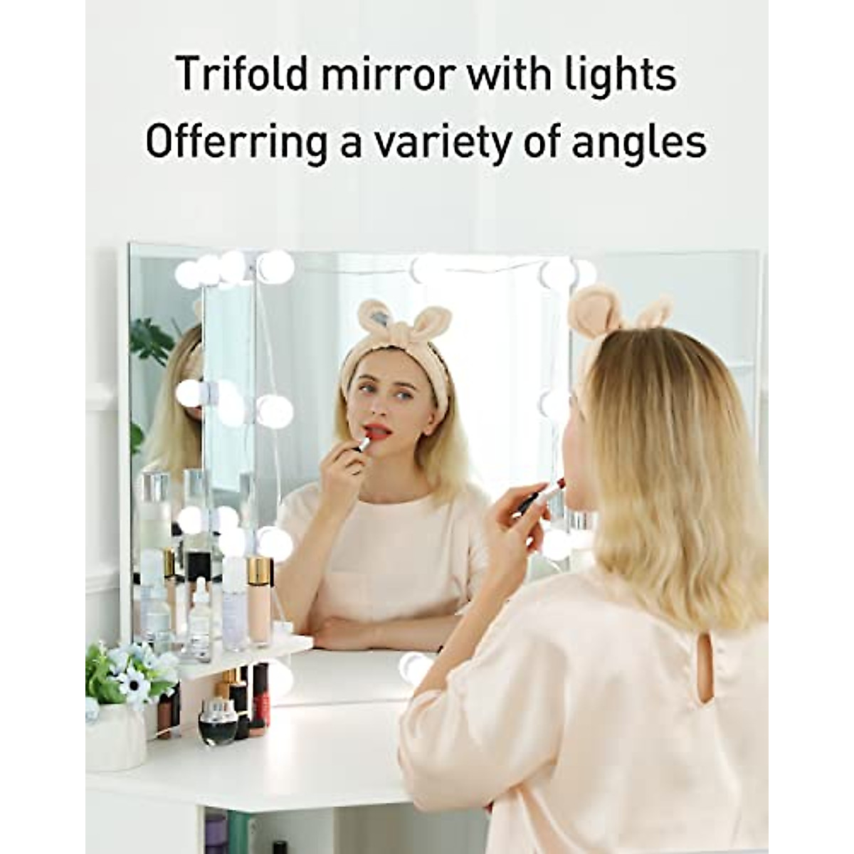 Likein Corner Makeup Vanity Desk with Mirror and Lights, Bedroom Vanity Table with Lighted Mirror 5 Drawers and Storage Shelf for Women Girls White