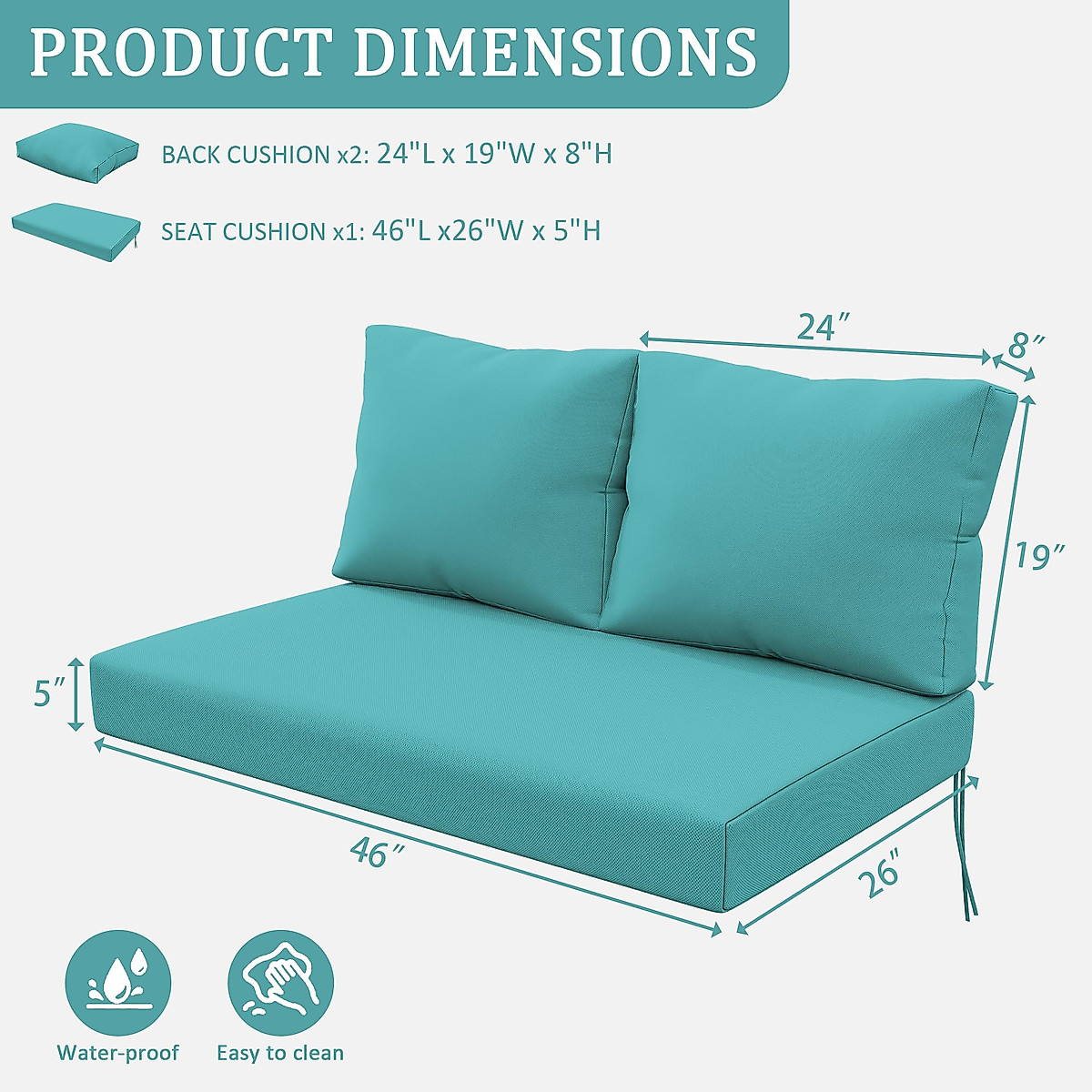 Pakunoda Outdoor Loveseat Cushion Set, 46 x 26 inch, Water Repellent, Fade Resistant, Cushion Set for Couch, Bench, and Swing 46 x 26 inch, Lake Blue