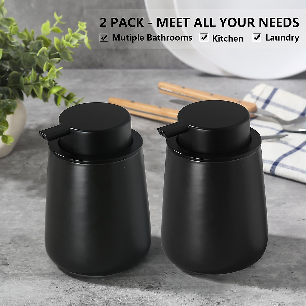 Mierting Foaming Soap Dispenser, 2 Pack Black Foam Hand Soap Dispenser for Bathroom & Kitchen, 12 Oz Modern Ceramic Hand and Dish Foaming Pump Bottle, Refillable Lotion Liquid Foam Pump Dispensers