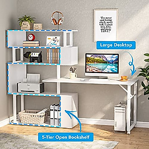 Tribesigns Rotating Computer Desk with 5 Shelves Bookshelf, Modern L-Shaped Corner Desk with Storage, Reversible Office Desk Study Table Writing Desk on Wheels for Home Office (White)