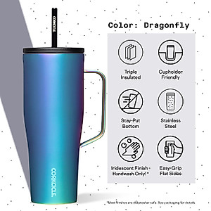 Corkcicle Cold Cup XL Insulated Tumbler with Handle, Lid, & Straw, Dragonfly, 30 oz – Reusable Cupholder Friendly Water Bottle Keeps Drinks Cold 12hrs