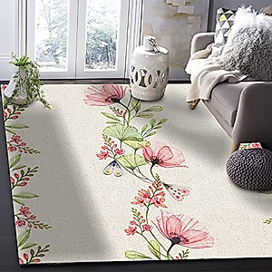 Indoor Area Rug, Red Teal Spring Floral Non Slip Carpet Pad Bathroom Mat, Rustic Summer Flowers Burlap Kitchen Runner Area Rug for Bedroom/Living Room/Kids Room 5'x7'