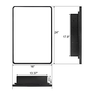 Otlsh 16x24'' Farmhouse Black Metal Framed Recessed Bathroom Medicine Cabinet with Beveled Mirror Rounded Rectangle Bathroom Medicine Cabinet -Black