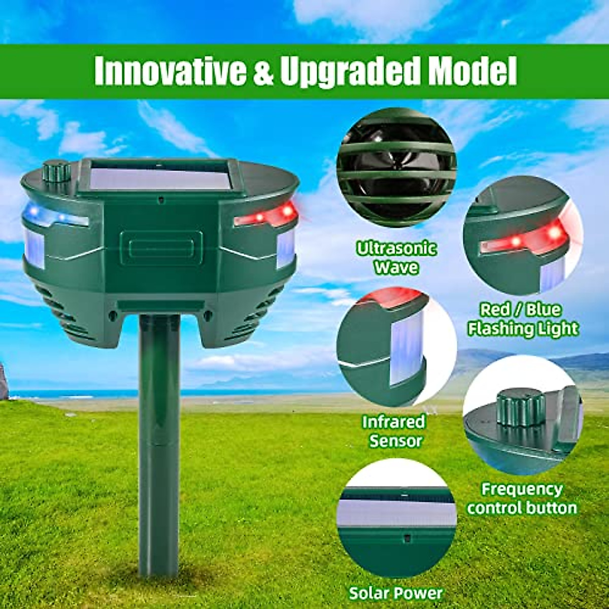 Ultrasonic Animal Repeller Outdoor Waterproof Solar Animal Deterrent with Motion Sensor and Flashing Lights, Yard Farm Garden Repellent for Cat Squirrel Dog Rabbit Raccoon Skunk Fox Deer and More