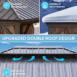 12’ X 12’ Hardtop Gazebo Double Roof Galvanized Steel Combined of Vertical Stripes Canopy Outdoor Aluminum Frame Patio Permanent Metal Pavilion with Nettings and Curtains for Deck Backyard Lawn Garden