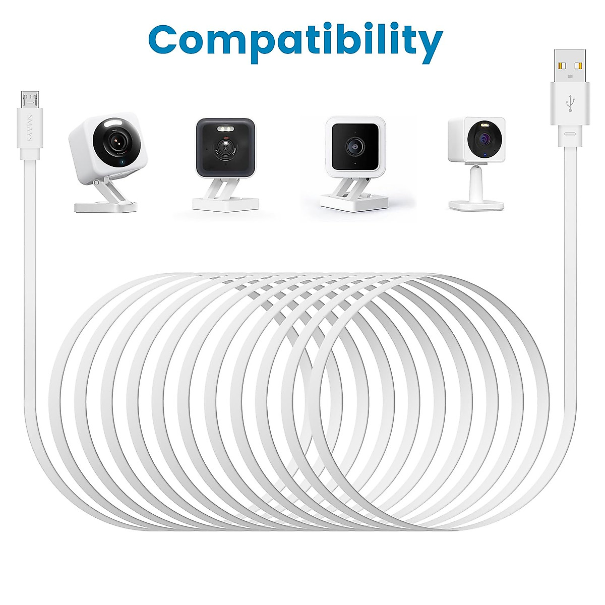 Smays 4-Pack 25 ft Extension Cable for WYZE Cam v4, WYZE Cam v3 and v3 Pro Camera, Long Flat Micro USB Cord, White