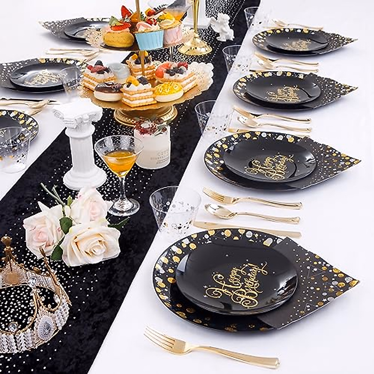 Nervure 175PCS Happy Birthday Plates - Black Plastic Plates with Gold & Silver Dot Include 25 Dinner Plates, 25 Dessert Plates, 75 Plastic Silverware, 25 Cups, 25 Napkins for Birthday & Party