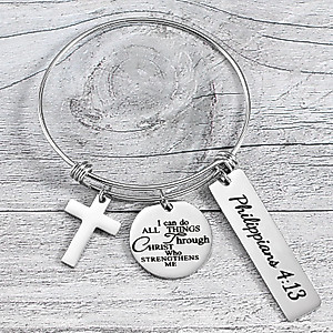 Haoze Christian Gifts for Women, Religious Cross Charm Bracelet Engraved Inspirational Bible Verse Jewelry Christian Confirmation Bracelet(I can do ALL THINGS Through Christ who strengthens me)