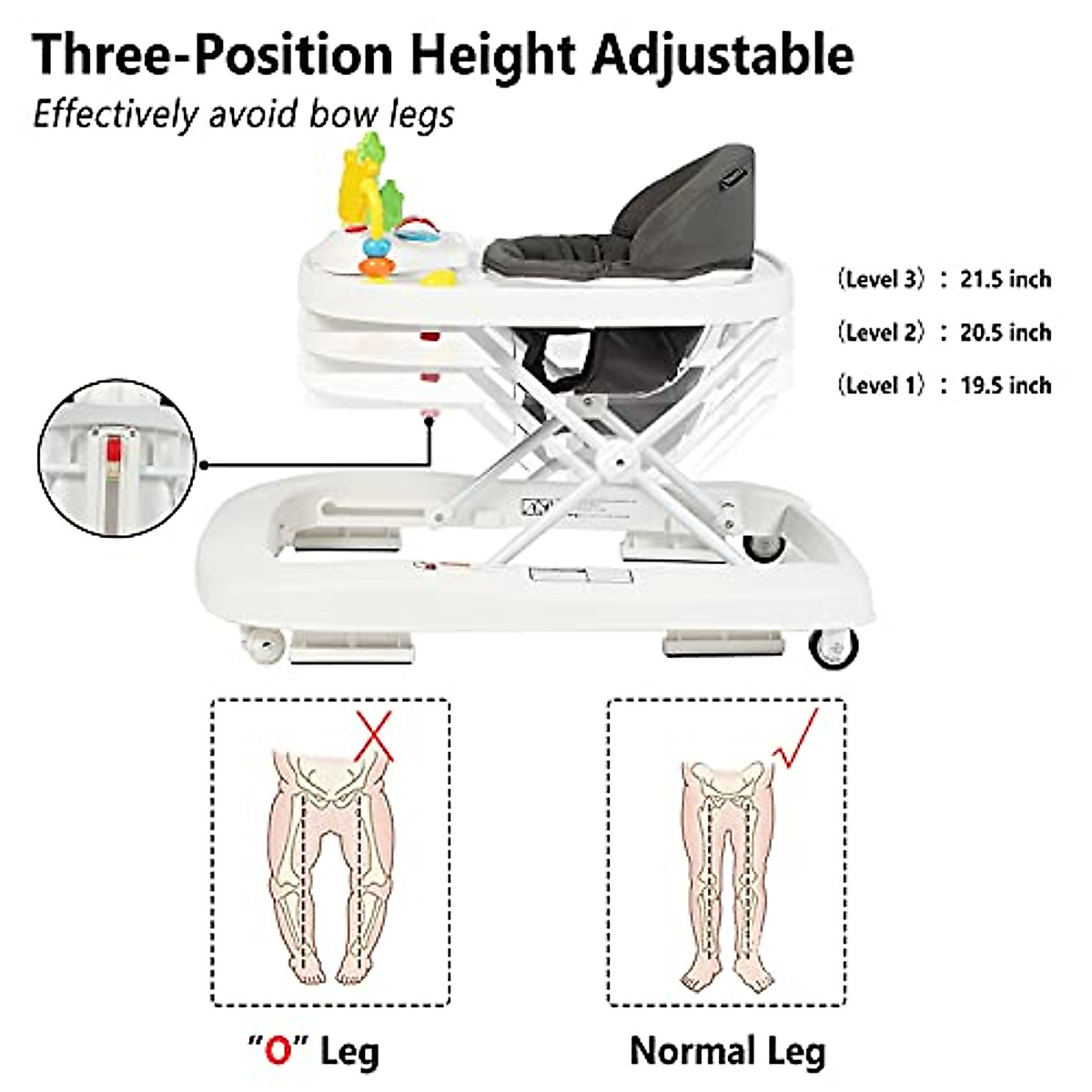 Kinder King 3 in 1 Folding Baby Walker, Activity Walker for Boys Girls, Learning-Seated, Toddler Walk-Behind w/Music Toys, Adjustable Height & Speed, Safety Bumper, Infant Walker Anti-Rollover, Grey