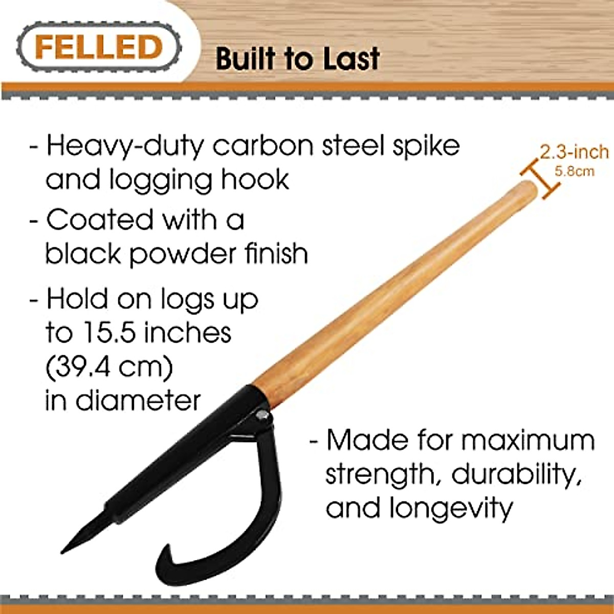Felled | Log Peavy - 49 Inch Wood Peavey Logging Tool Log Roller Tool Carbon Steel Logging Cant Hook with Wooden Shaft
