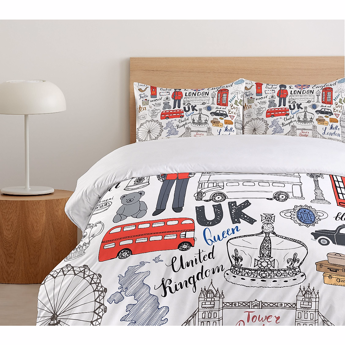 Ambesonne Hipster Duvet Cover Set, I Love London Double Decker Bus Telephone Booth Cab Crown of United Kingdom Big Ben, Decorative 3 Piece Bedding Set with 2 Pillow Shams, Queen Size, White Red