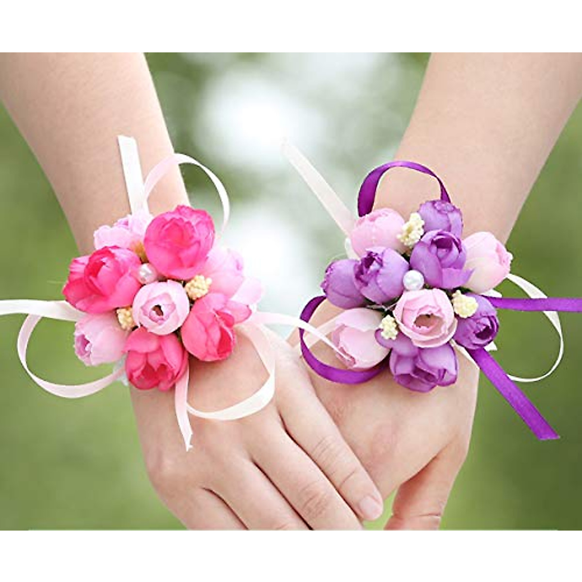 Charmly 4 Pcs Wrist Flower Wrist Corsage Hand Flower for Bride Bridesmaid Party Prom Purple