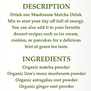 Cherie Sweet Heart Mushroom Matcha Drink Mix, 40 Servings, 4.23 Ounces, Japanese Matcha Green Tea Powder with Lions Mane Mushroom, Astragalus, Ginger, Organic Green Tea