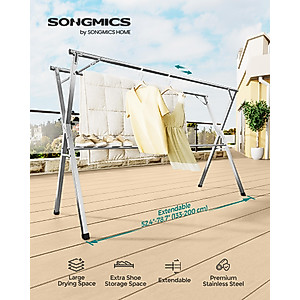 SONGMICS Clothes Drying Rack, Heavy-Duty Laundry Drying Rack, 52.4-78.7 Inches Extendable, Foldable Freestanding Airer, Stainless Steel, for Indoor Outdoor Use, Dove Gray ULLR902E01