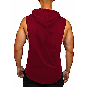 Babioboa Men's Hooded Training Tank Tops Quick Dry Running Cut Off T-Shirt Gym Drawstring Sleeveless Hoodie(Wine Red Medium)
