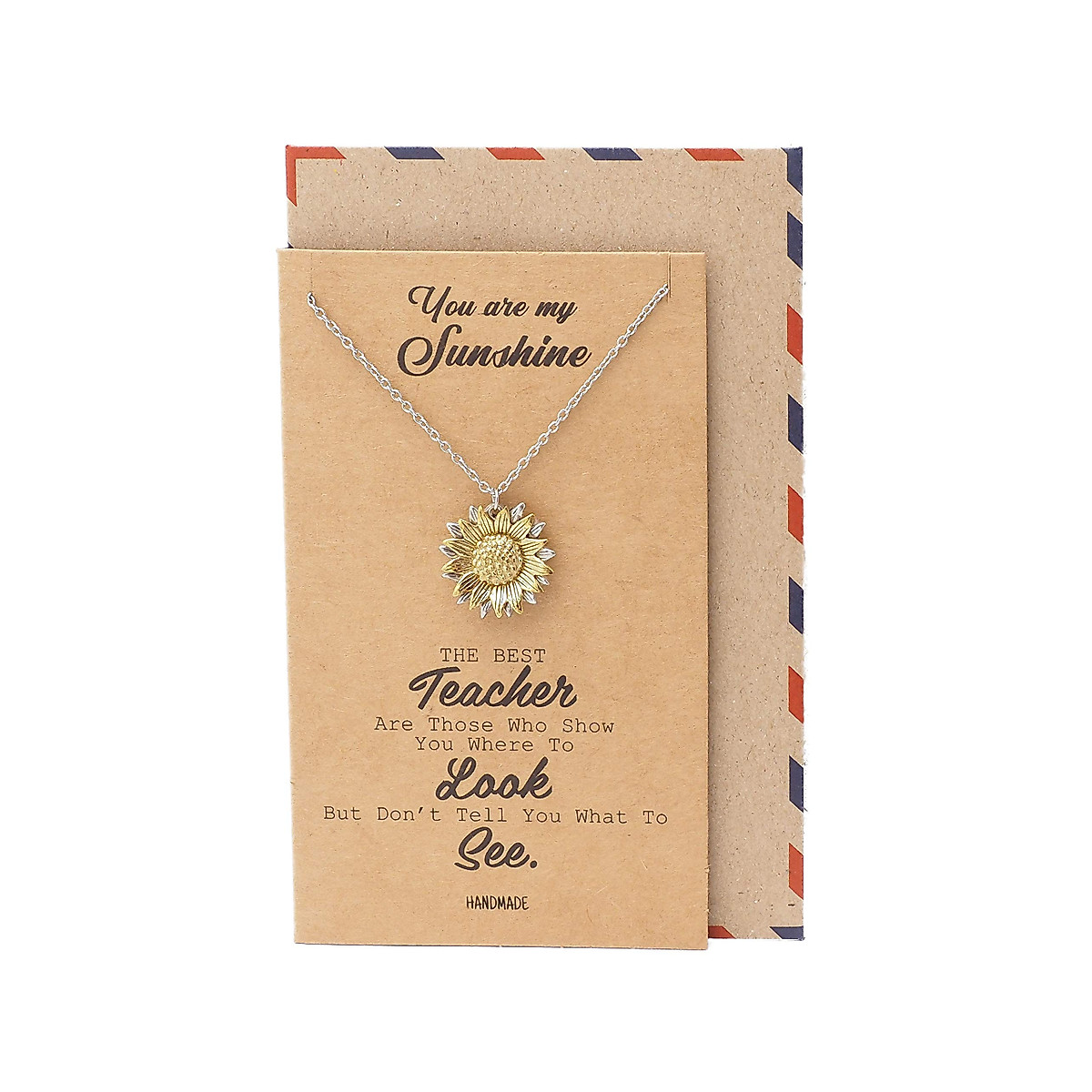 quan jewelry Sunflower Necklace for Teacher with Inspirational Greeting Card (Two Tone)