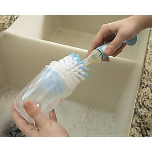 Nuby Easy Clean Dispensing Soft and Durable Bristle Bottle Brush with Textured Handles and Suction Base, 2 in 1 System, Green